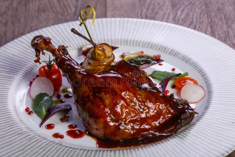 Duck leg with pear stock photo. Image of baked, savory - 121925272