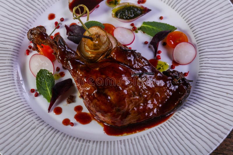 Duck leg with pear stock photo. Image of baked, restaurant - 114036246