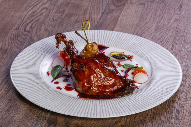 Duck leg with pear stock photo. Image of meat, meal - 120375054