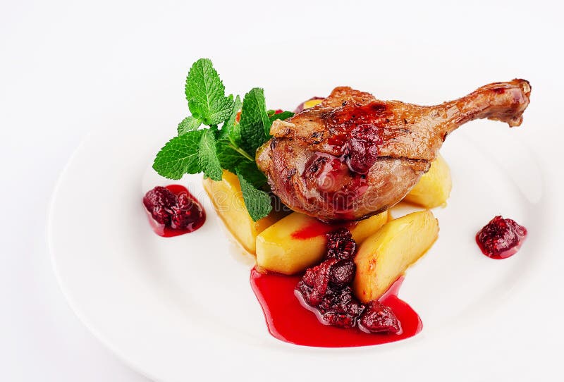 Duck Leg with Potatoes and Raspberry Jam Stock Image - Image of food ...