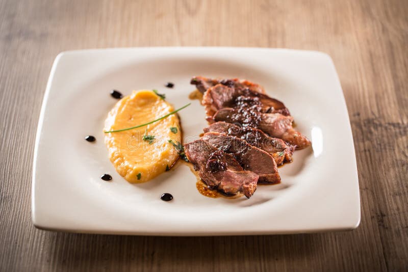 Duck magret stock image. Image of sauce, potato, fillet - 58691451