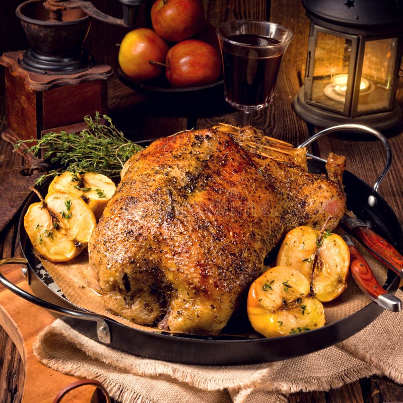 Duck on Old Polish Roasted with Thyme and Apple Stock Photo - Image of ...