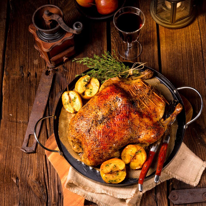 Duck on Old Polish Roasted with Thyme and Apple Stock Image - Image of ...