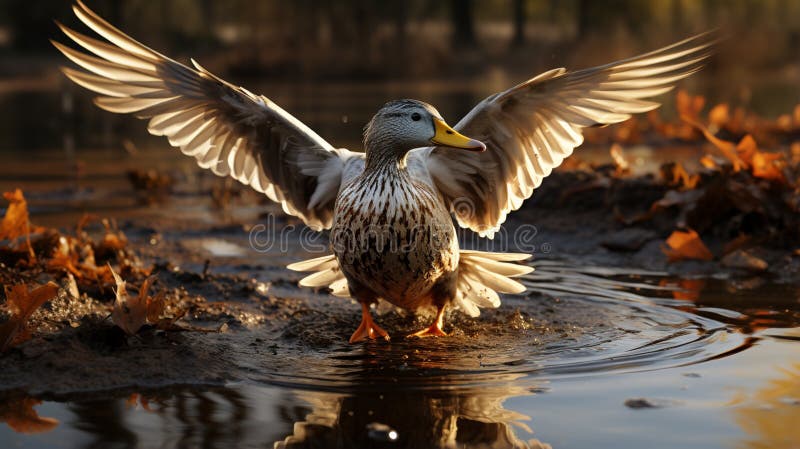 Duck with Open Wings on a Pond. Mallard Duck Male Open the Wings ...