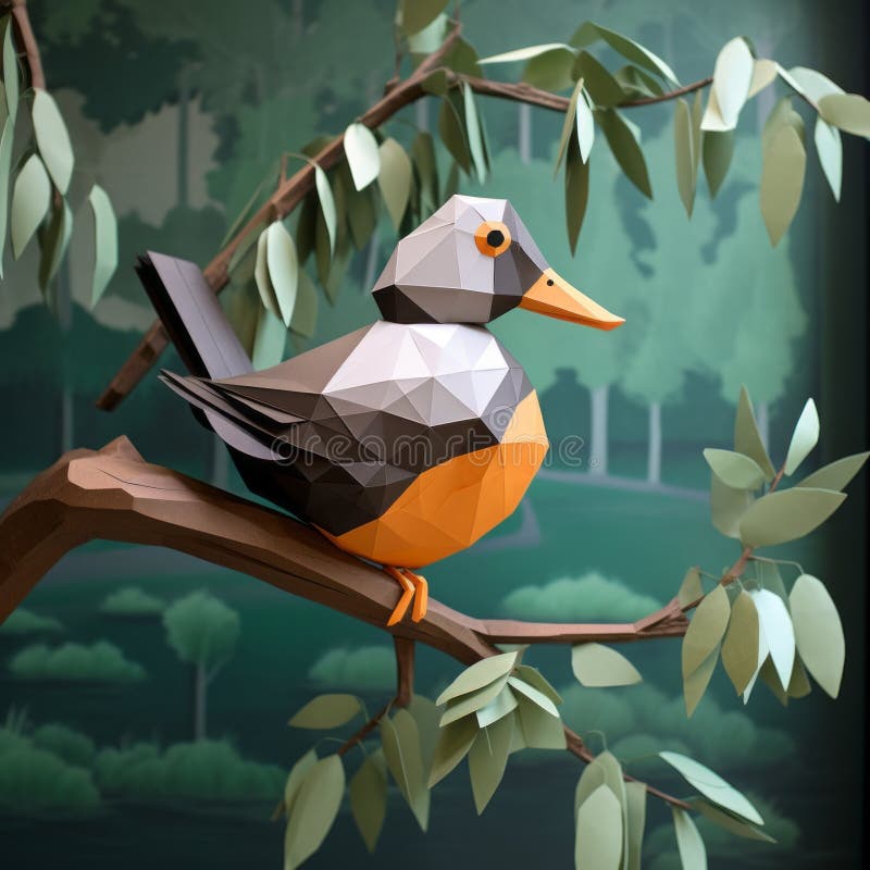 Duck Paper Craft with Polygon Design Perched on Tree Branch Stock ...