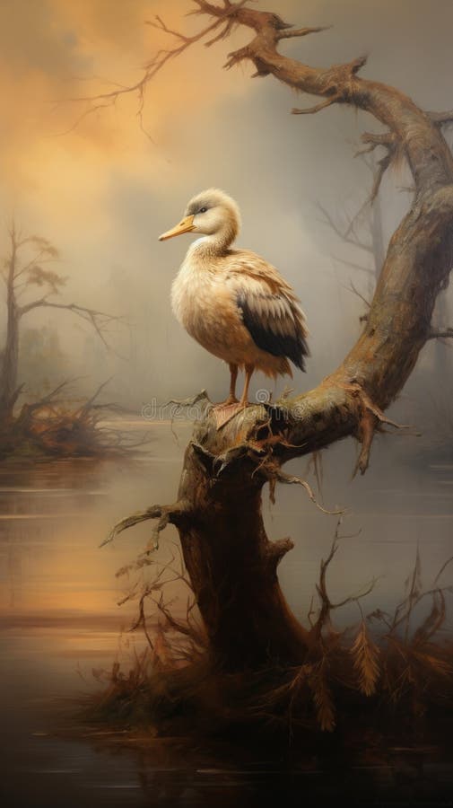 Duck Perched on Branch: Lifelike Renderings and Brooding Mood Stock ...