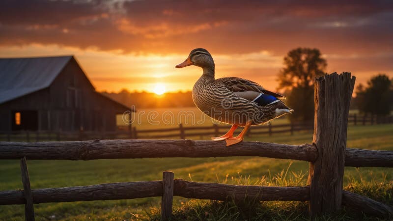 Serene Sunset: Duck on Rustic Fence Near Old Barn Stock Illustration ...