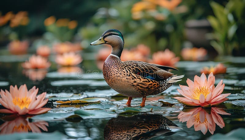 Duck in Pond with Lotus Flower Blossom Beauty Generated by AI Stock ...