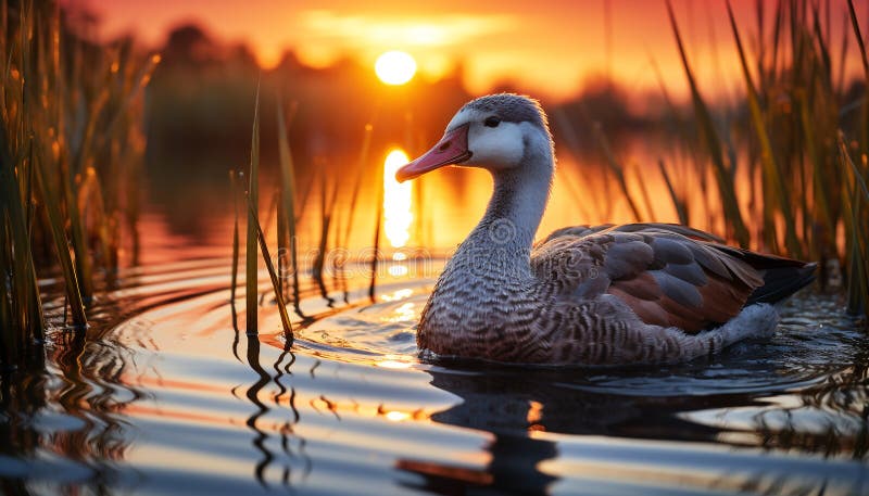Duck Quacks at Sunset, Reflecting Beauty in Tranquil Pond Generated by ...