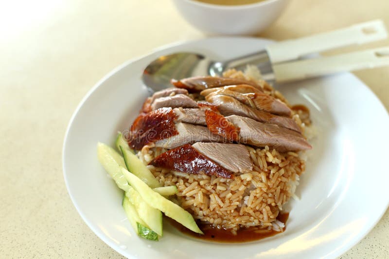 Duck Rice in Chinese Style with Silced Cucumber on White Plate Stock ...
