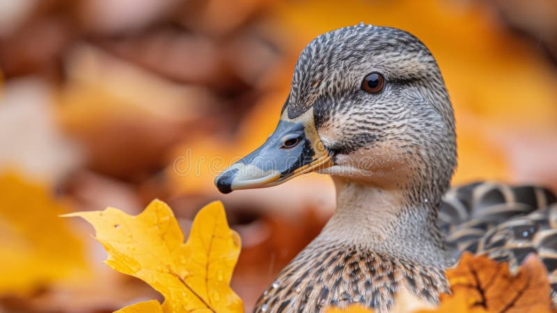 A Duck Sitting on a Pile of Leaves in the Fall, AI Stock Photo - Image ...
