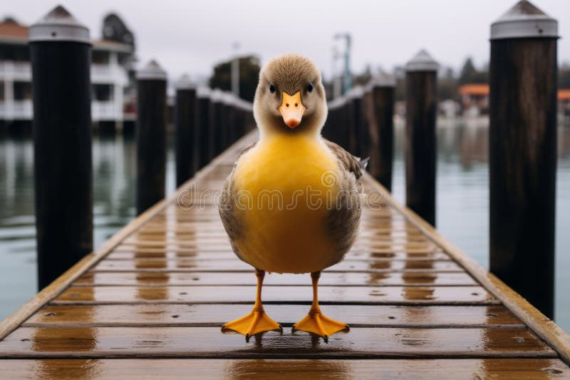 A Duck Standing on a Dock in Front of a Body of Water Stock ...