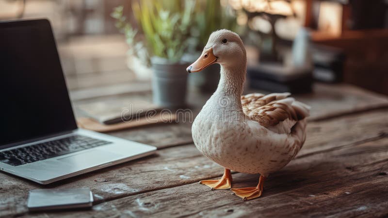 Duck Standing beside a Laptop on a Wooden Table in a Cozy Workspace ...