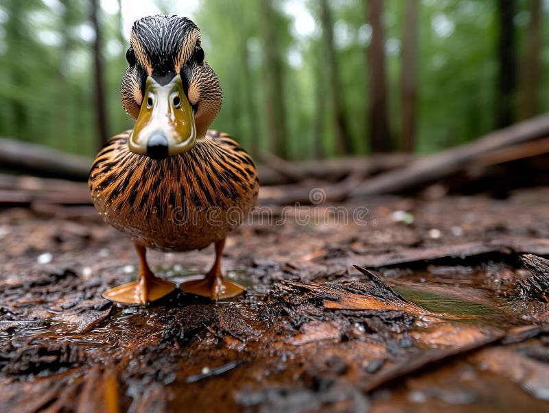 A Duck Standing on a Log in the Woods Stock Image - Image of left ...
