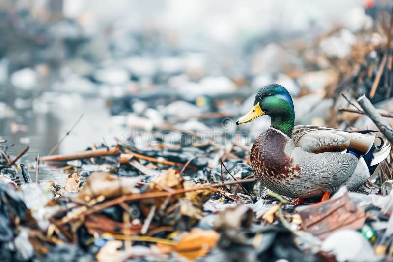 Duck is Standing in a Pile of Trash Stock Photo - Image of male ...