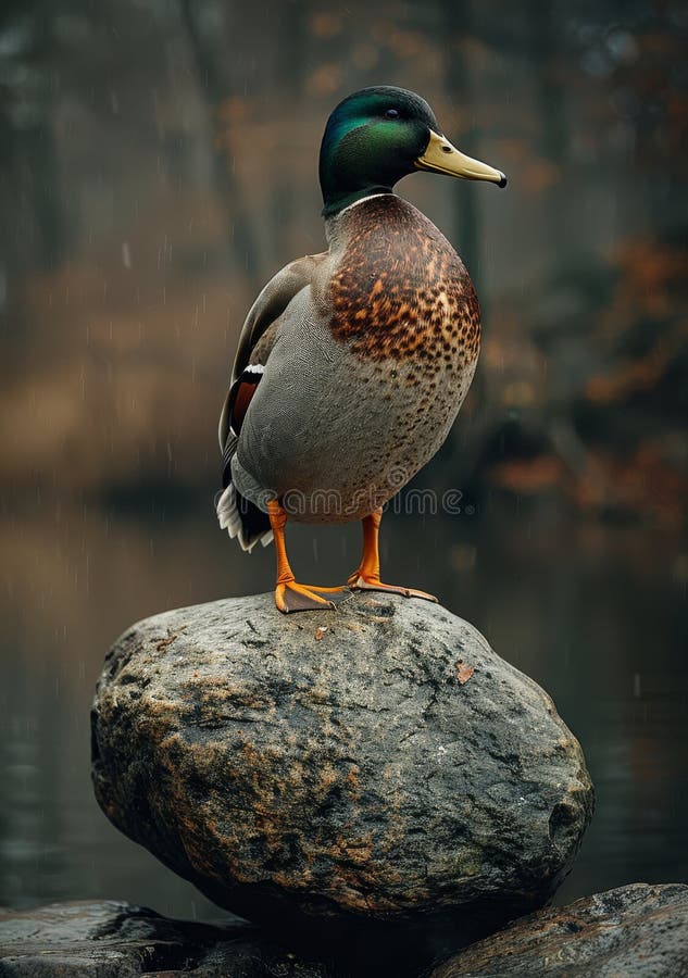 Duck Stands on Rock in the Rain Stock Image - Image of beak, nature ...