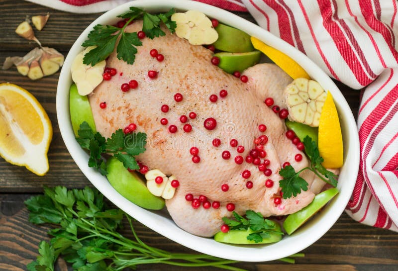 Duck Stuffed with Apples and Cabbage Ready for Cooking with Cranberries ...