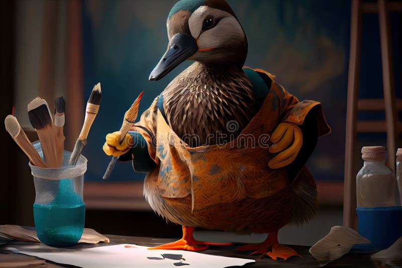 Duck Wearing Painter Smock and Holding Brushes Stock Illustration ...
