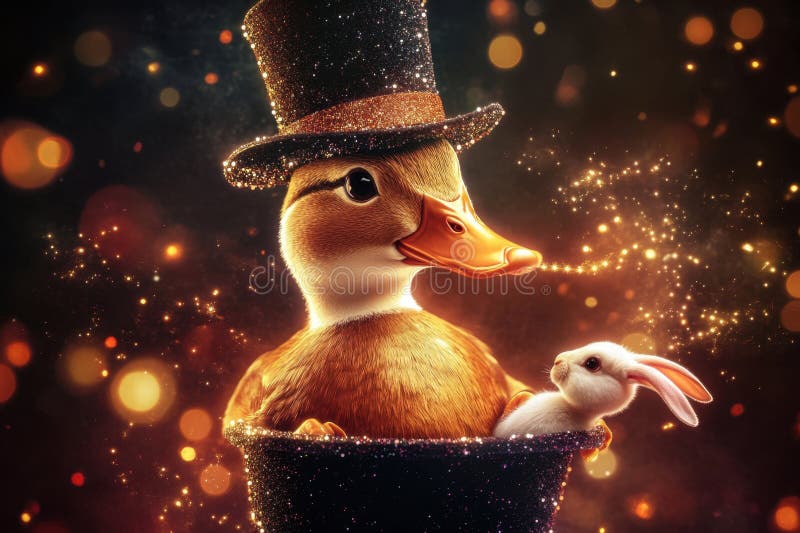 A Duck Wearing a Top Hat and a Rabbit in a Basket Stock Illustration ...