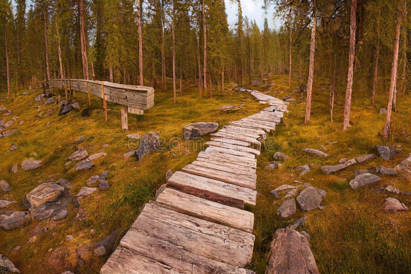 Duckboards Path in Forest among Clearing through Uneven Rocky Terrain ...