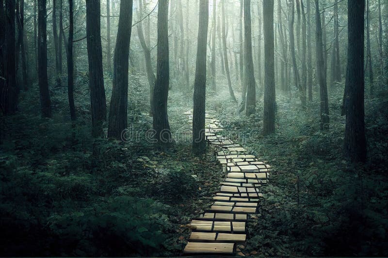 Duckboards Path in Forest in Desert Foggy Forest Stock Illustration ...