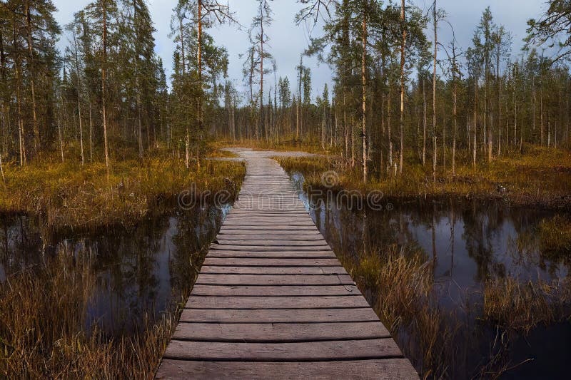 Duckboards Path in Forest Passing through Lake between Trees Stock ...