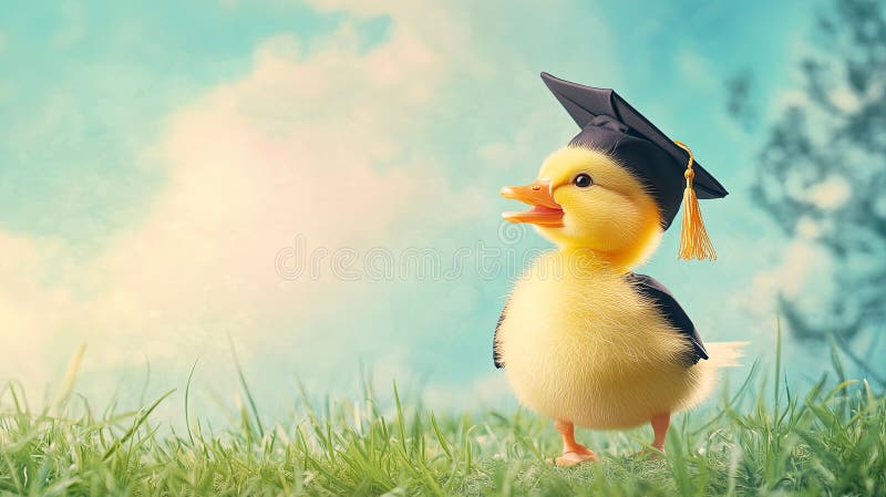 Duckling in Graduation Outfit Standing in Grass, Pastel Sky Above with ...