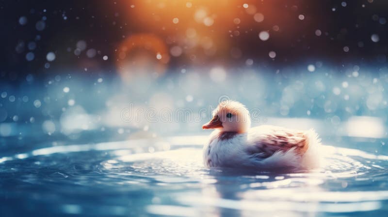 Duckling Swimming in a Serene Pond at Sunset Stock Illustration ...