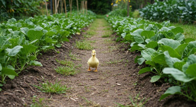 Duckling Waddling Down a Garden Path Lined with Leafy Green Vegetable ...