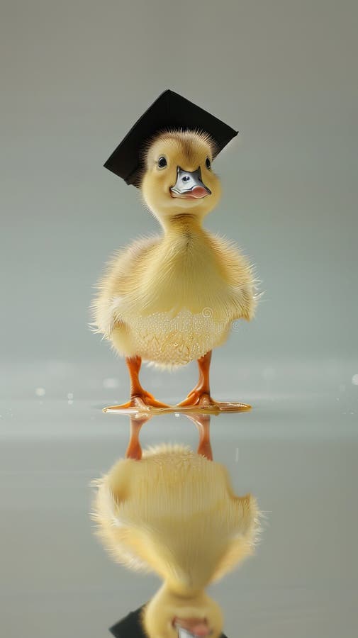Duckling Wearing Graduation Cap Reflected on Surface, Studio Shot ...