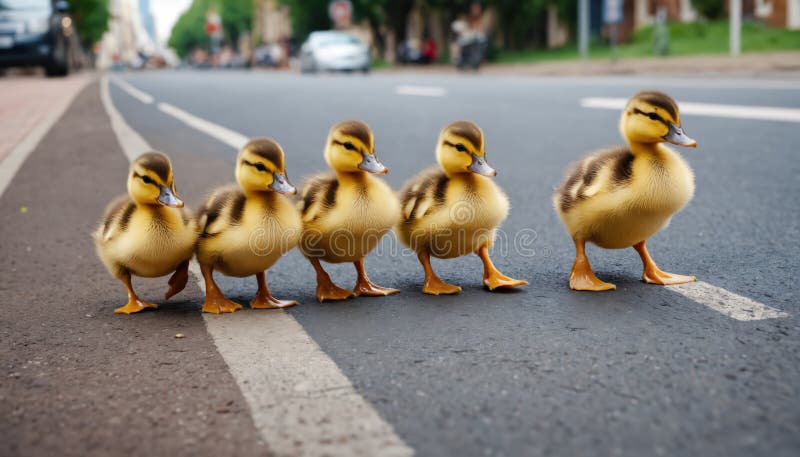 The Ducklings Cross the Road in a Line. Stock Illustration ...