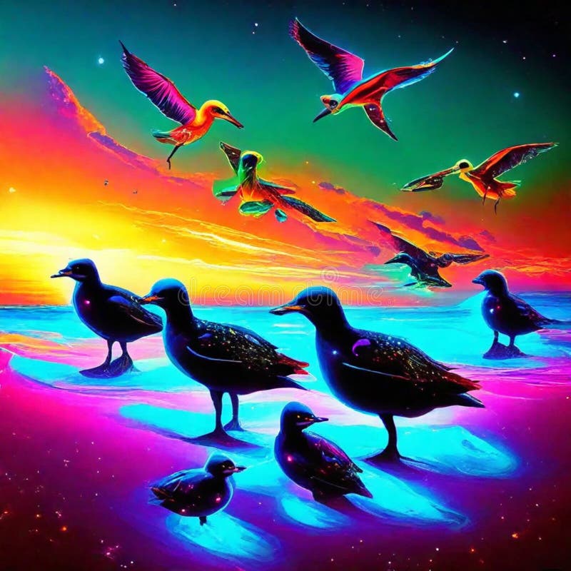 Ducks on the Background of a Beautiful Sunset. Illustration Stock ...