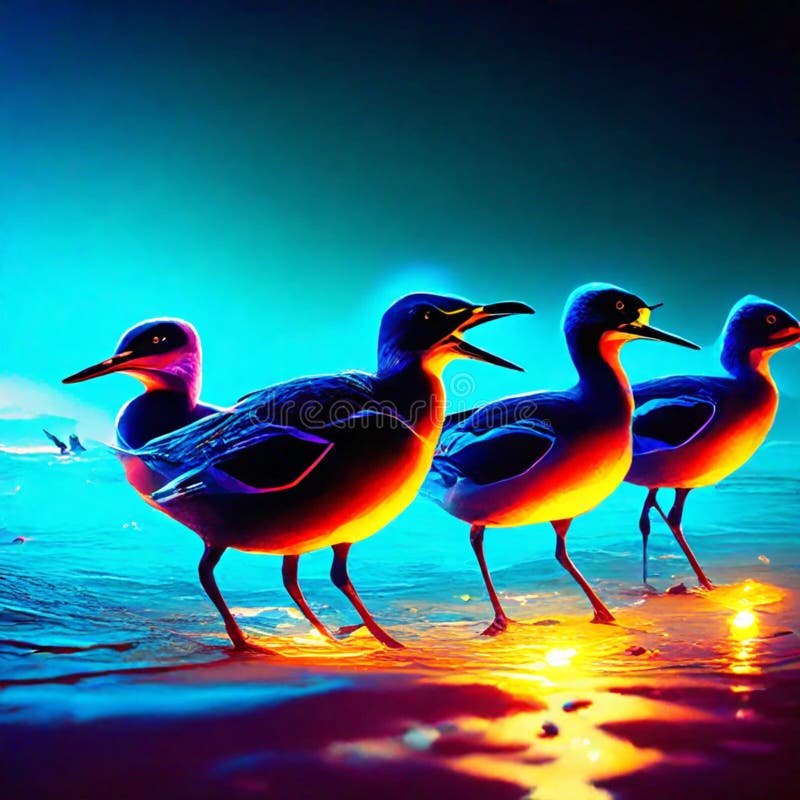 Ducks on the Beach at Sunset. Abstract Background with Birds Stock ...
