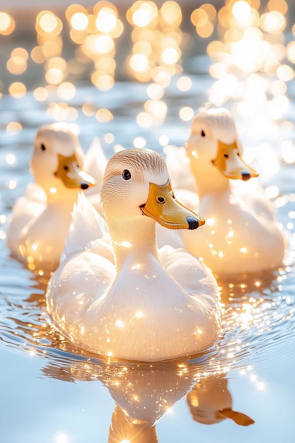 Ducks Effortlessly Navigate a Small Pond, Their Shiny White Feathers ...