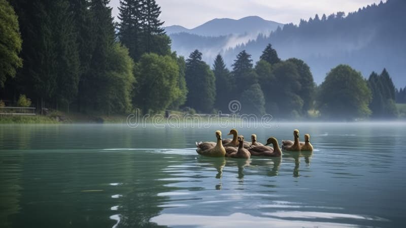 Ducks Floating on Top of Lake in Perfect Formation on a Sunny Day Stock ...