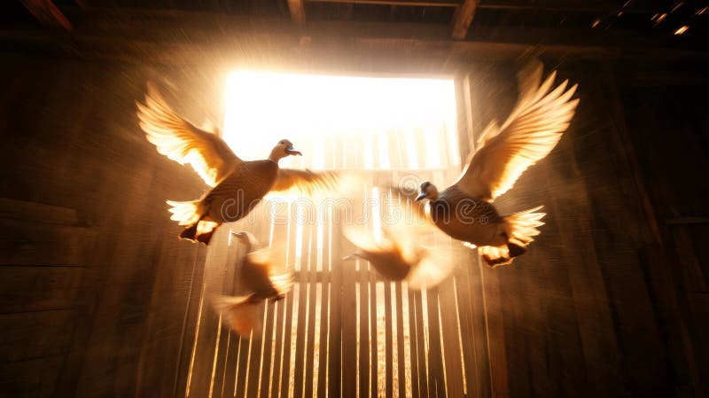 Ducks Flying Out of Chicken Coop into Sunlight Stock Photo - Image of ...