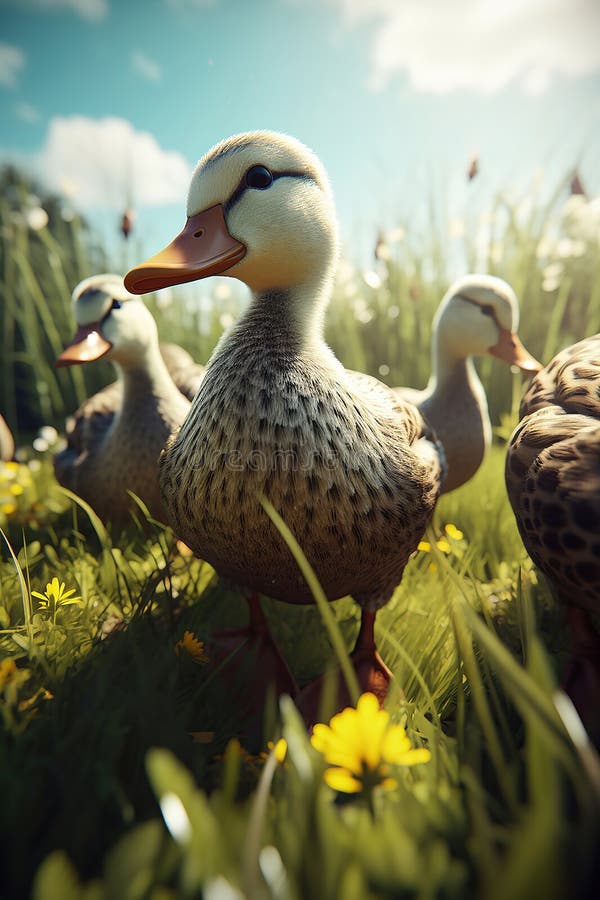 Ducks on Grassy Field on Sunny Day. Generative AI Technology Stock ...