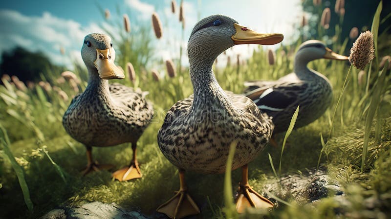 Ducks on Grassy Field on Sunny Day. Generative AI Technology Stock ...