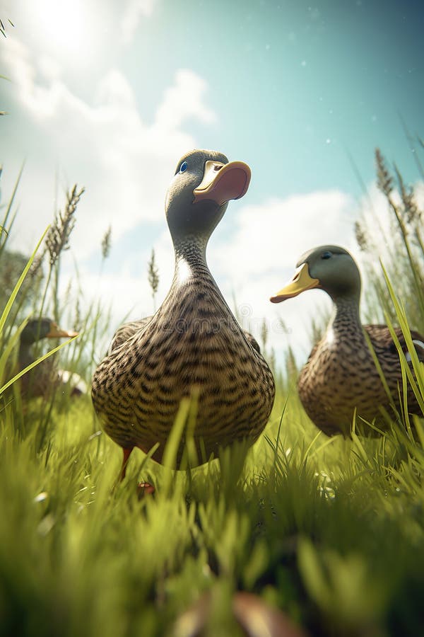 Ducks on Grassy Field on Sunny Day. Generative AI Technology Stock ...