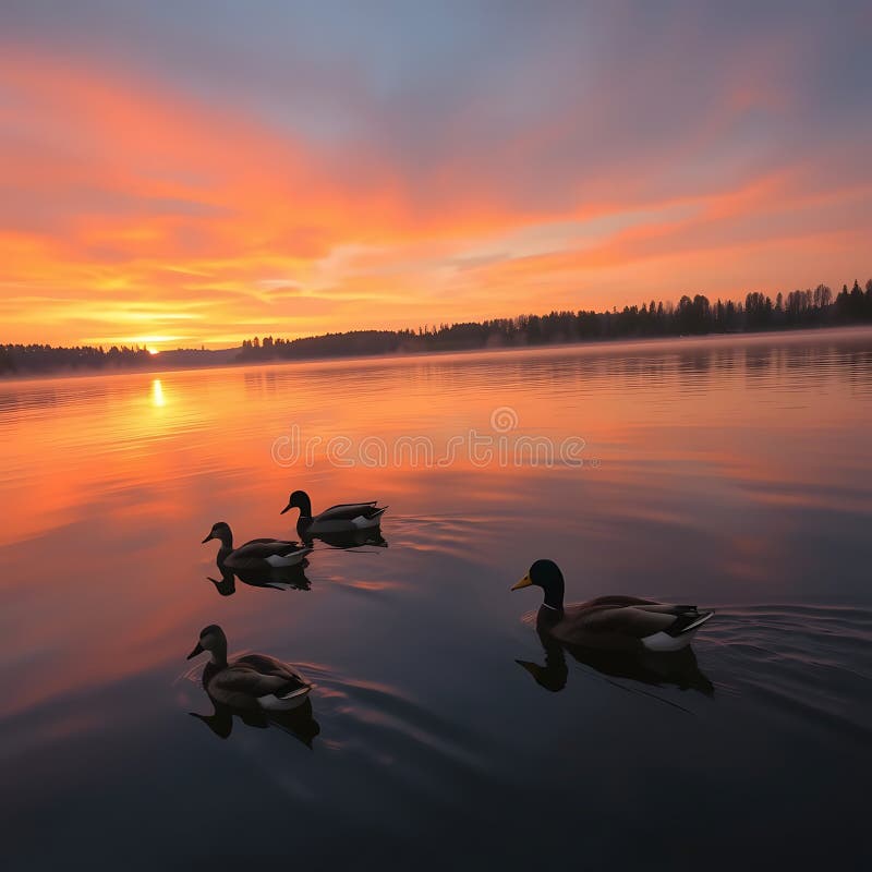 Ducks on Lake Under Vibrant Sunrise Stock Illustration - Illustration ...