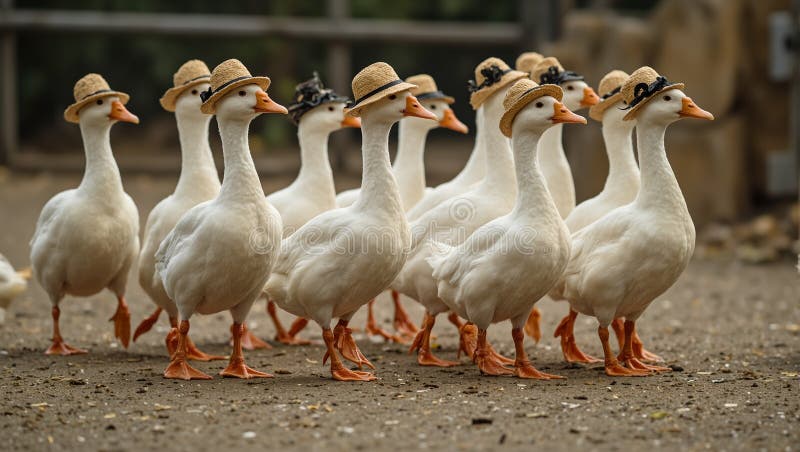 Ducks in Line Wearing Tiny Straw Hats Marching Confidently Stock ...