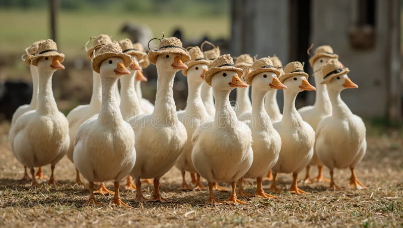Ducks in Line Wearing Tiny Straw Hats Marching Confidently Stock ...
