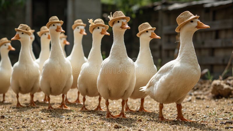 Ducks in Line Wearing Tiny Straw Hats Marching Confidently Stock ...