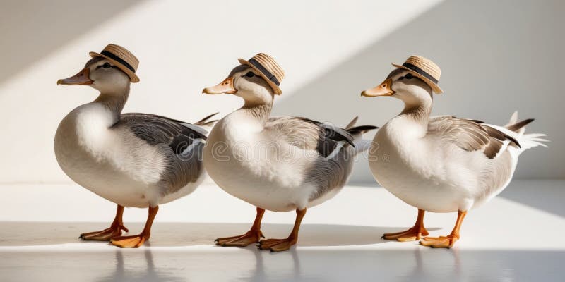 Ducks in Line Wearing Tiny Straw Hats Marching Confidently. Stock ...