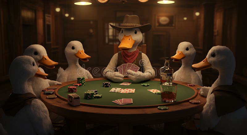Ducks Playing Poker in a Western Saloon with Chips and Drinks Stock ...