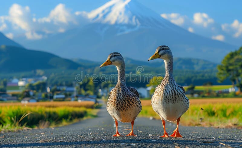 Ducks on Road with Mountain View. Two Ducks Walk Down a Country Road ...