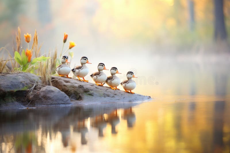 Ducks in a Row by a Ponds Edge at Sunrise Stock Image - Image of ...