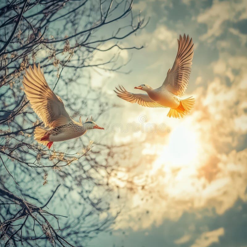 Ducks Soaring in a Golden Sunset Sky Stock Photo - Image of tranquil ...