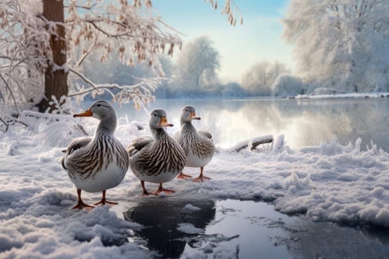 Ducks are Standing in the Snow Near the Pond Stock Illustration ...