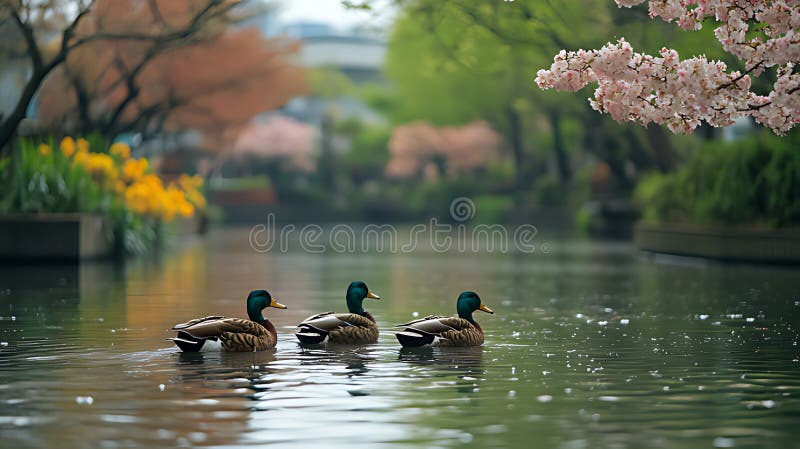 Ducks Swimming Spring Pond Garden Cherry Blossoms Stock Illustration ...